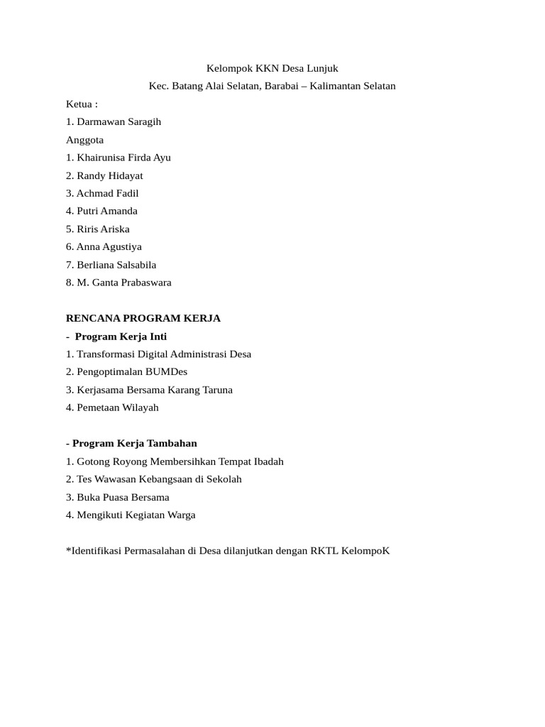 Rencana Program Kerja KKN Desa Lunjuk | PDF