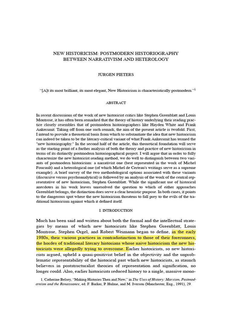 New Historicism and Postmodern Historiography | PDF | Discourse ...