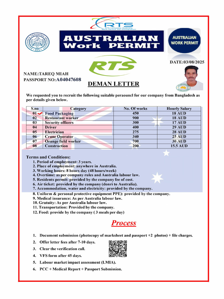 Tareq Miah Rts Group of Company Work Permit Letter Form Australia LTD | PDF