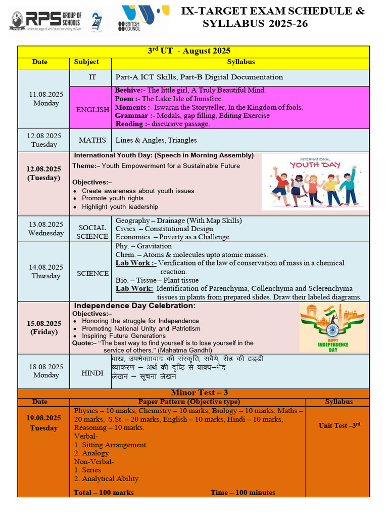 IX Target Exam Schedule 2025-26 | PDF