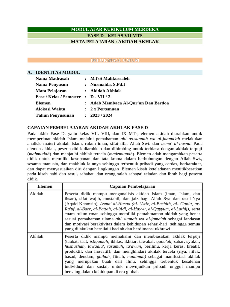 Modul Ajar Akidah Akhlak Kelas 7 Bab 9 | PDF