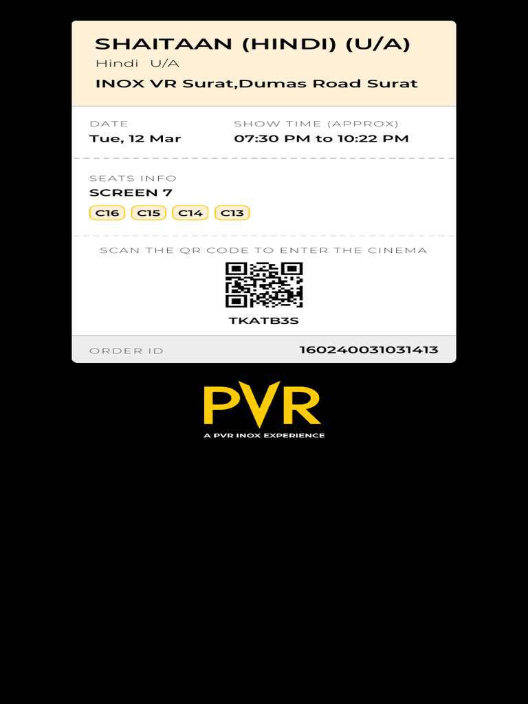 Shaitaan (Hindi) (U/A) : INOX VR Surat, Dumas Road Surat | PDF