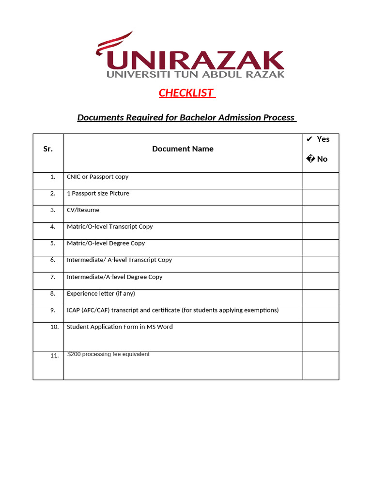Bachelor Admission Document Checklist | PDF