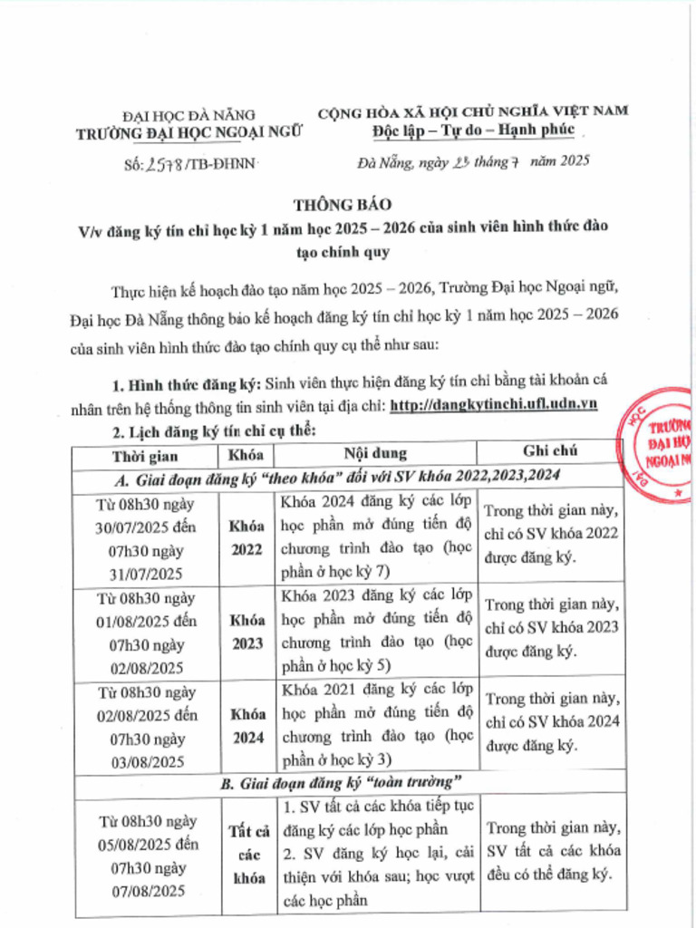 Thong Bao Dang Ky Tin Chi HK1 2025 2026 | PDF