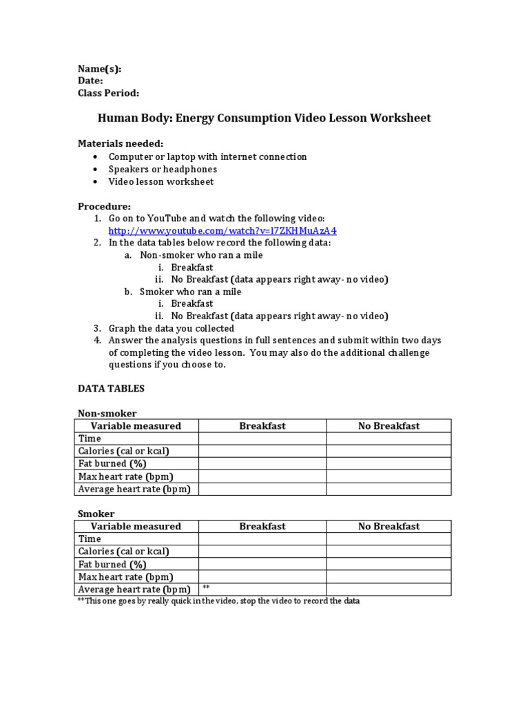 Human Body Energy Consumption Worksheet | PDF | Food Energy ...