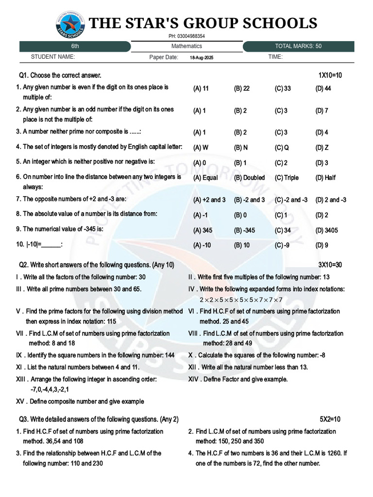 6th Grade Math Exam Paper | PDF | Numbers | Factorization