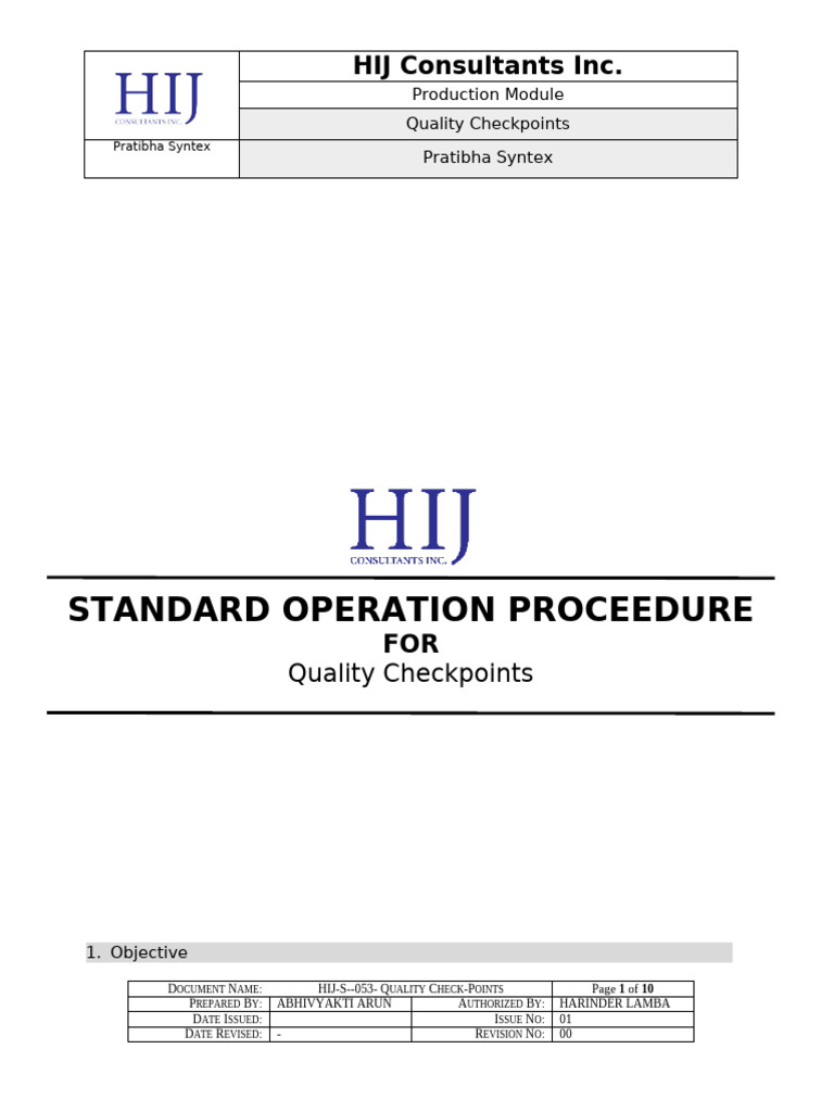 Quality Checkpoints SOP for HIJ Consultants | PDF
