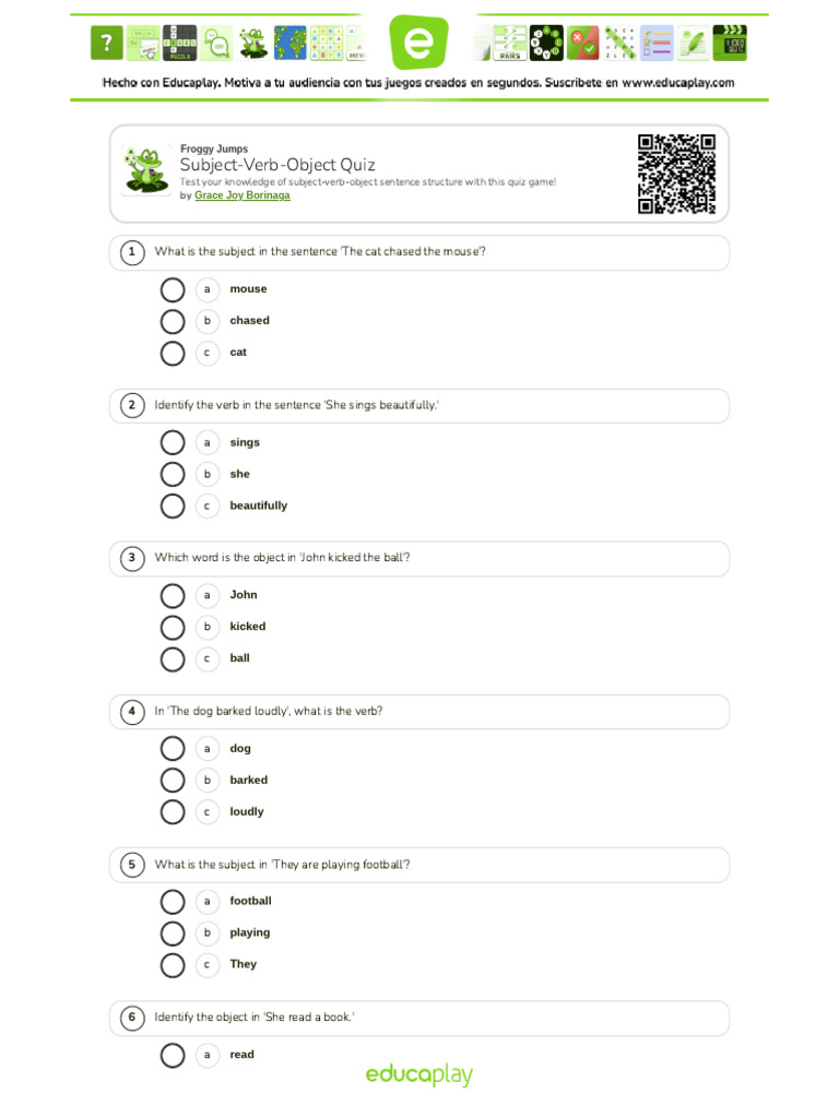 19364329-Subject Verb Object Quiz | PDF