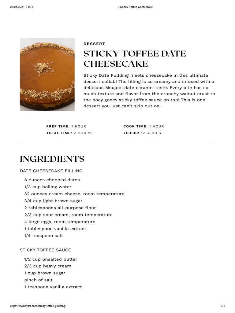 Sticky Toffee Date Cheesecake: Dessert | PDF | Cheesecake | Breads