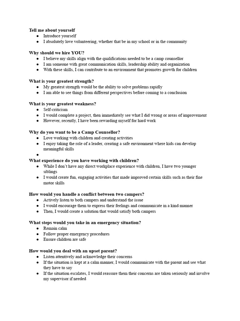 Camp Counselor Interview Insights | PDF