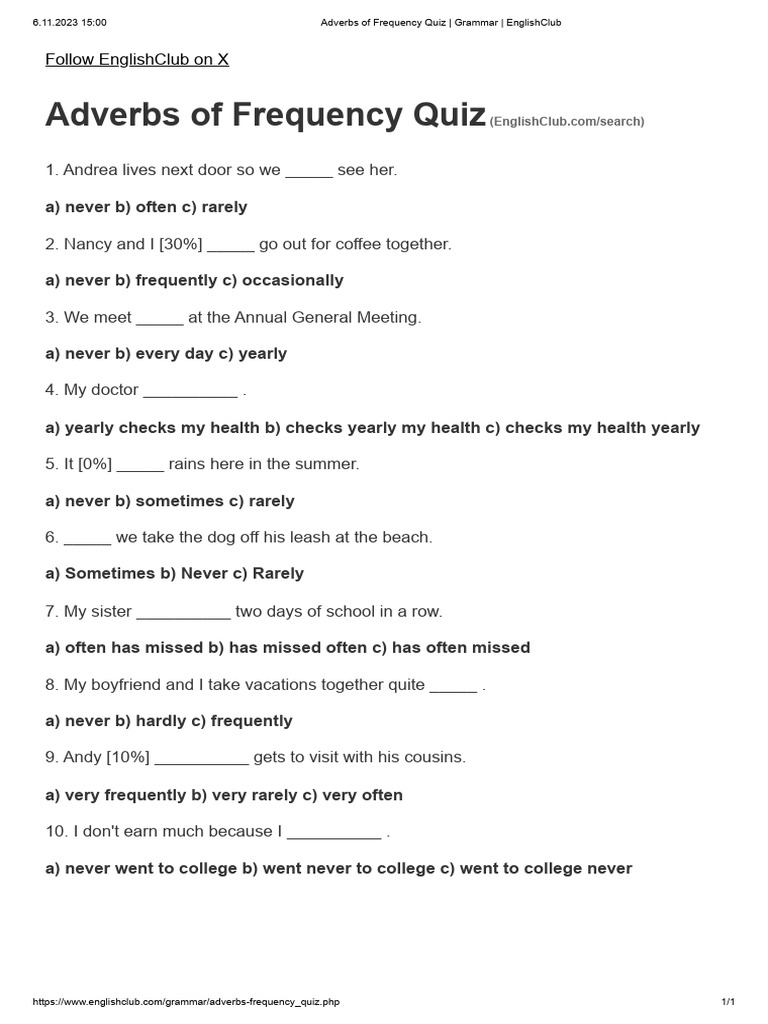 Adverbs of Frequency Quiz | PDF