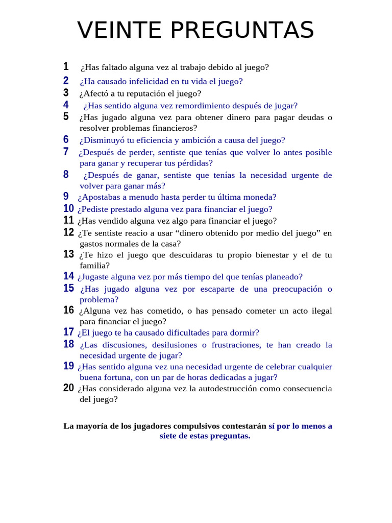 Veinte preguntas sobre ludopatía | PDF