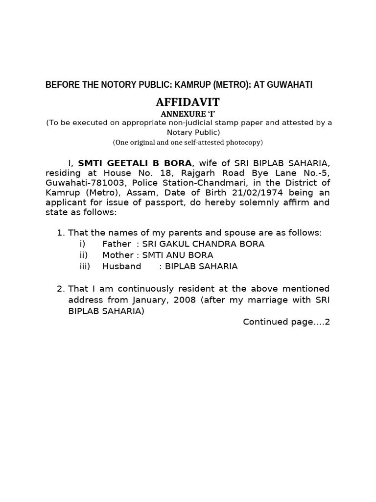 Affidavi For Passport - Annexure I' - Geetali B Bora | PDF | Affidavit | Justice