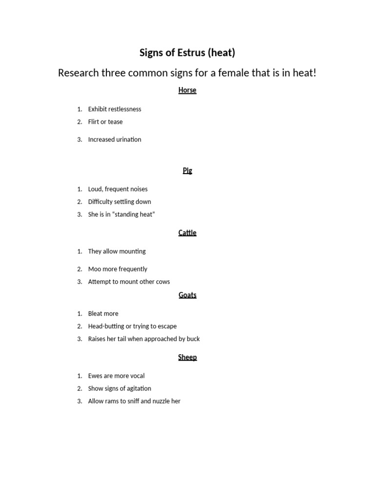 A2 - Exercise - Signs of Estrus in Various Species | PDF