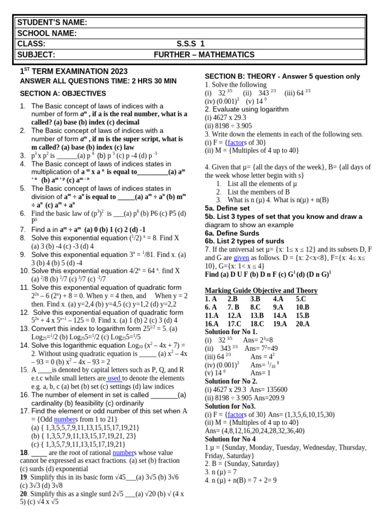 Further Maths Ss1 Exam 1st Terms-4 | PDF | Numbers | Mathematics