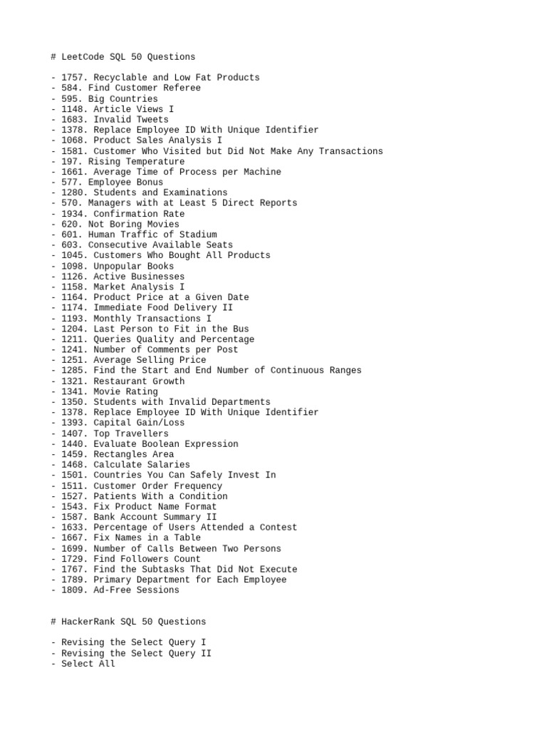 SQL LeetCode50 HackerRank50 | PDF