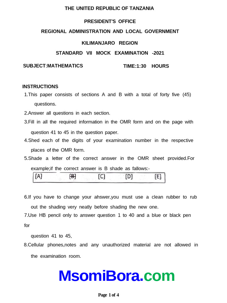 Kilimanjaro Mock 2021 - Msomi Bora | PDF | Kidney | Shilling