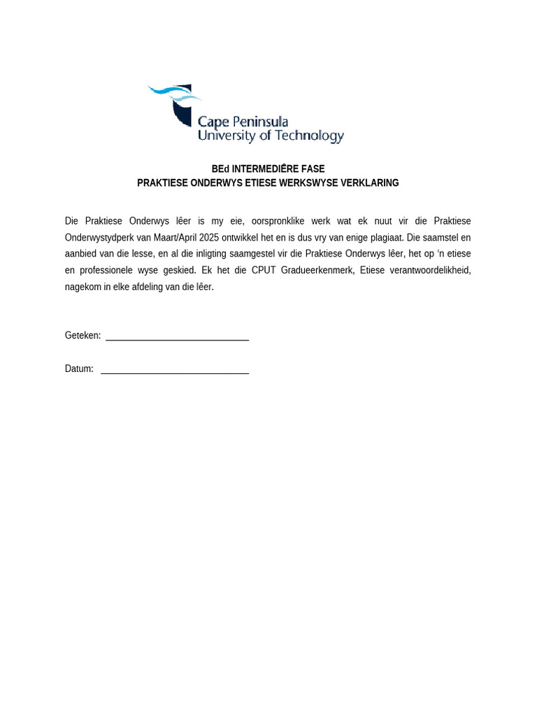 CPUT BEd If Praktiese Onderwys Etiese Werkswyse Verklaring | PDF