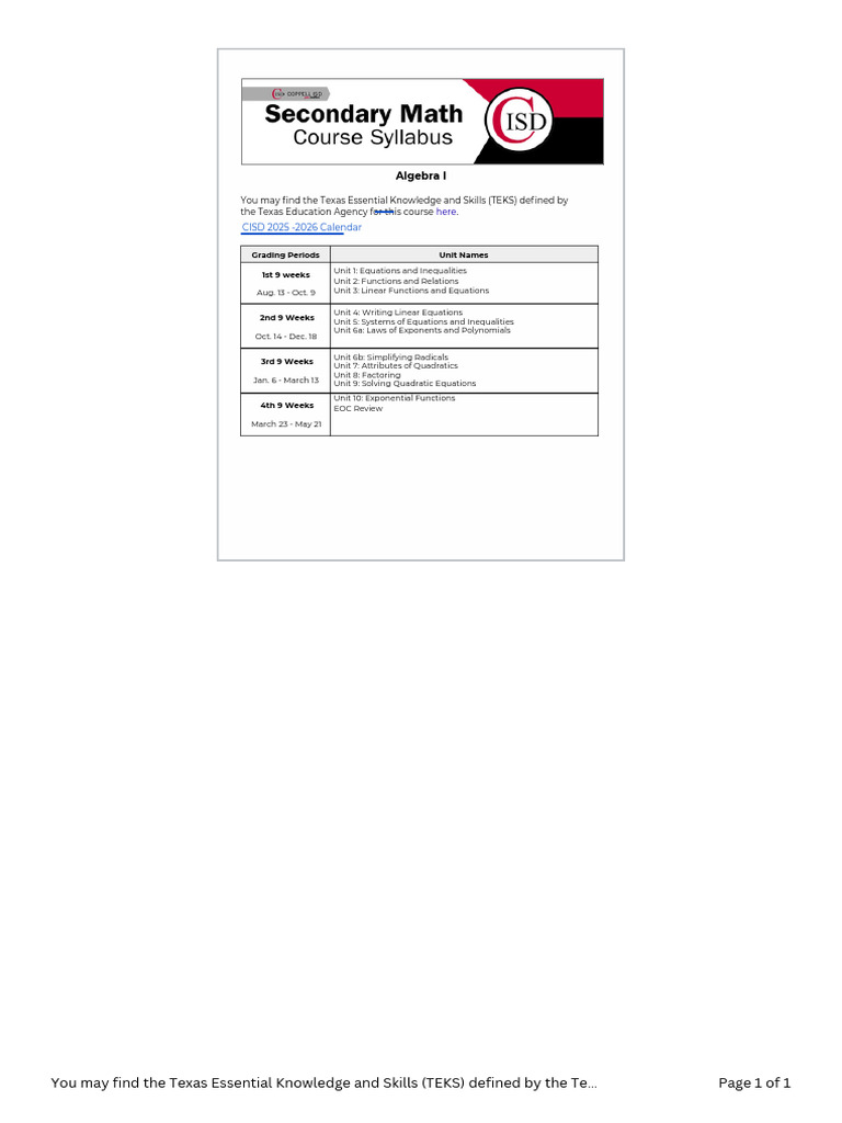 Algebra I Course Overview and Schedule | PDF