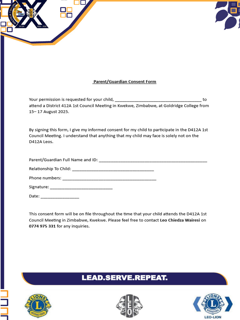 Parent,Guardian Consent Form Goldridge Kwekwe 1st LCM 2025-2026 | PDF