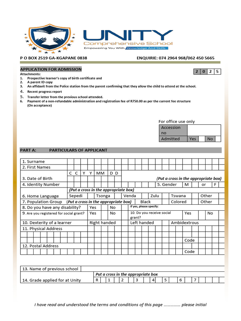Admission Application for Unity School | PDF | Justice | Crime & Violence