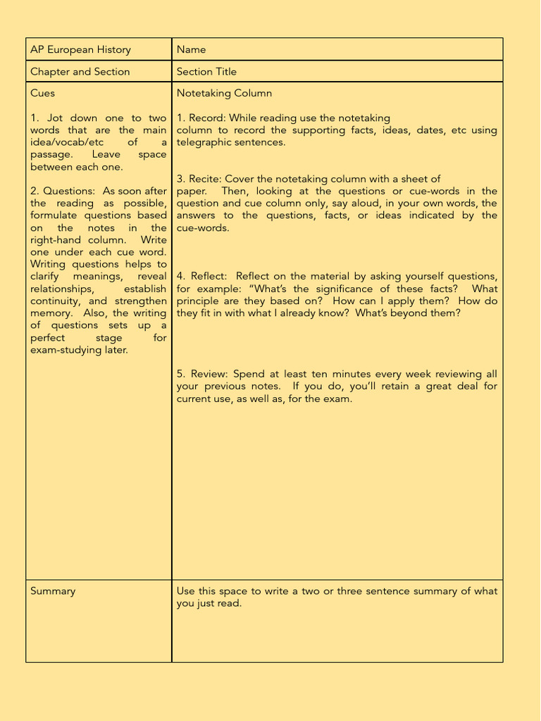 Cornell Notes Template for AP History | PDF