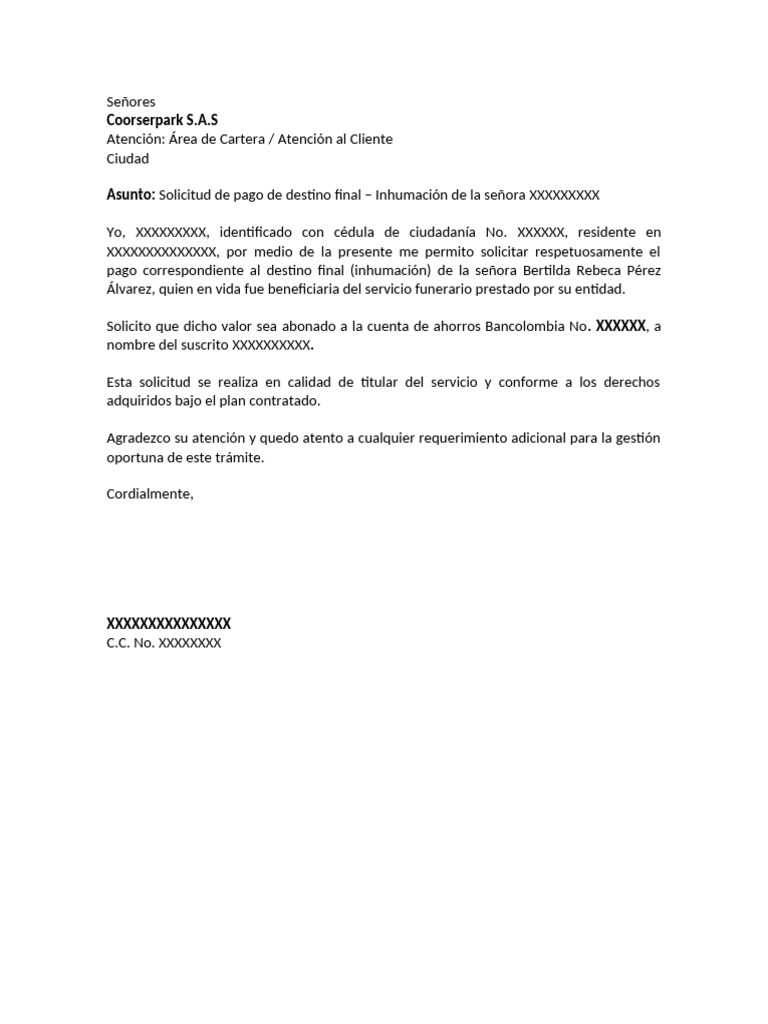 Carta Reintegro - Solicitud de Pago de Destino Final - Inhumación | PDF