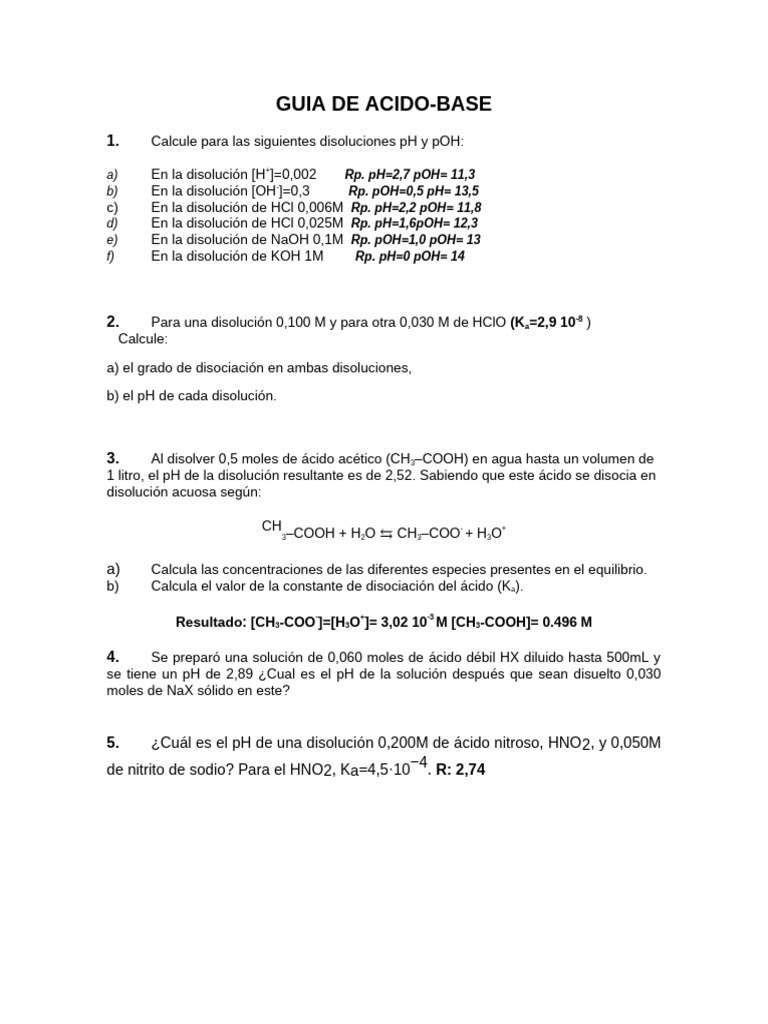 Cálculo de pH y pOH en Disoluciones Ácido-Base | PDF