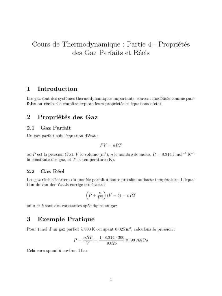 Propriétés des Gaz Parfaits et Réels | PDF