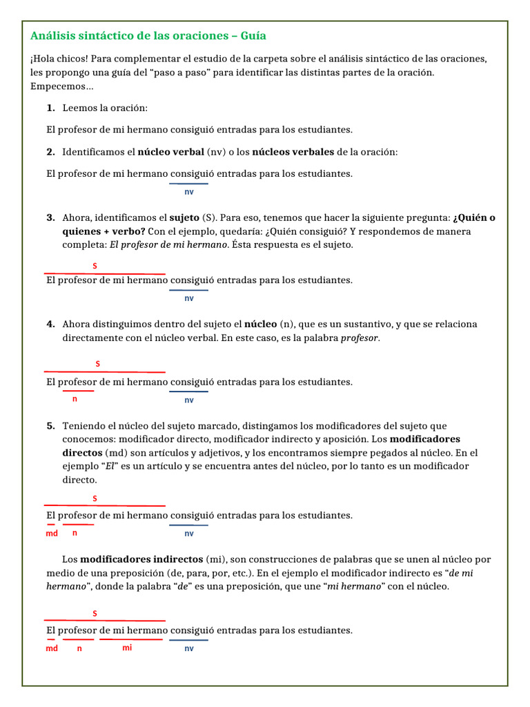 Guía de Análisis Sintáctico de Oraciones | PDF | Asunto (gramática) | Verbo