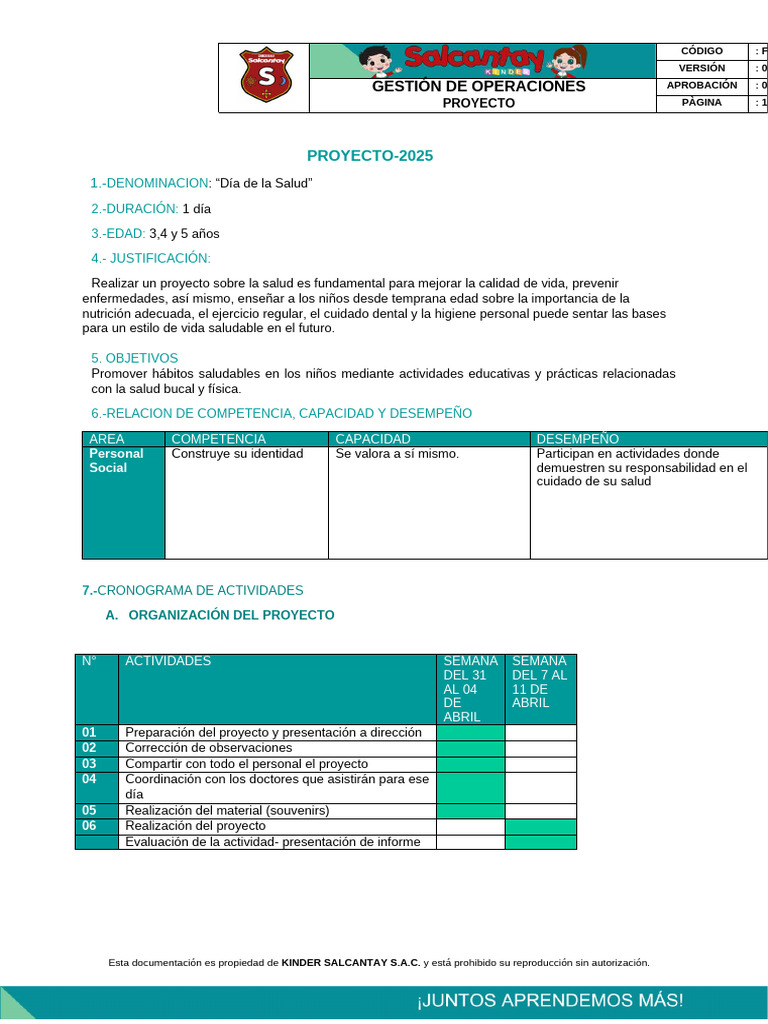 Proyecto Dia de La Salud | PDF | Educación de la primera infancia ...