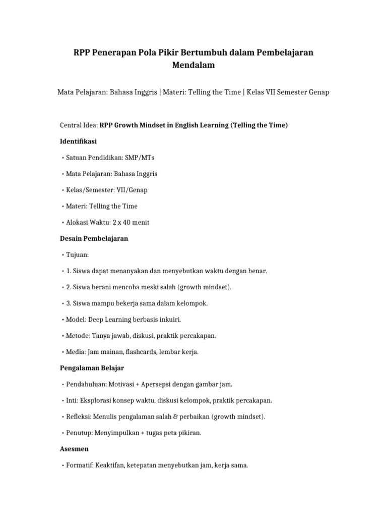 RPP Growth Mindset: Telling the Time Kelas VII | PDF