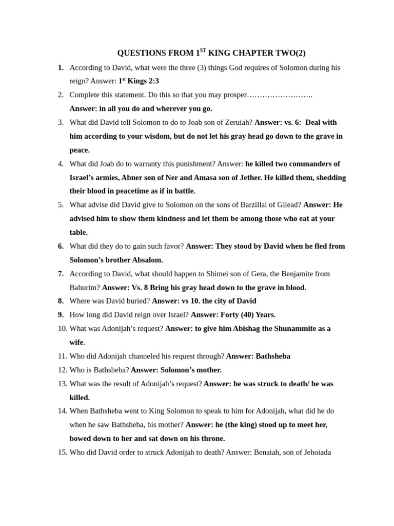 1st Kings Chapter 2 Study Questions | PDF | David | Solomons
