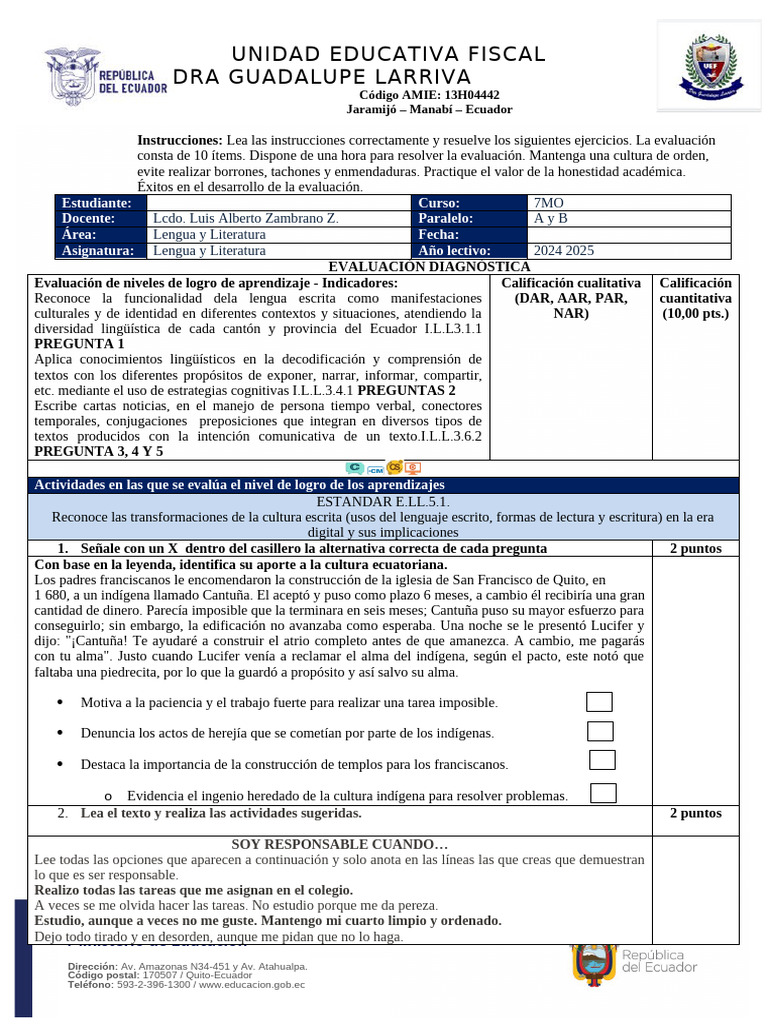Eval. Diag. Lengua 7mo 2024-2025 | PDF | Lingüística | Aprendizaje