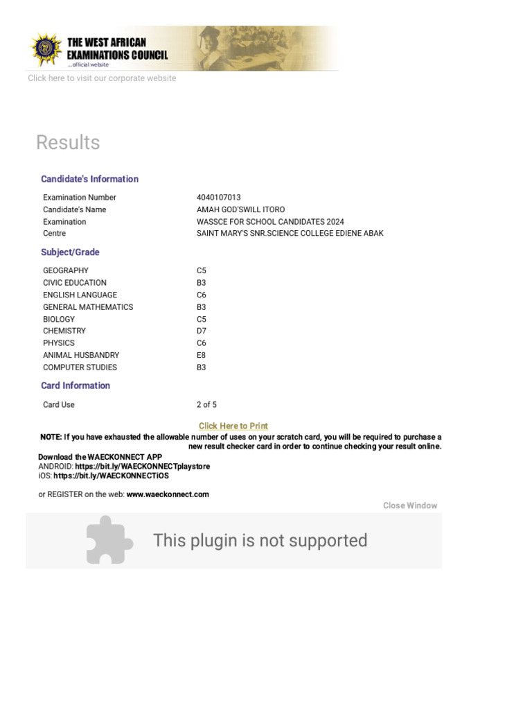 WASSCE 2024 Results for Amah Itoro | PDF