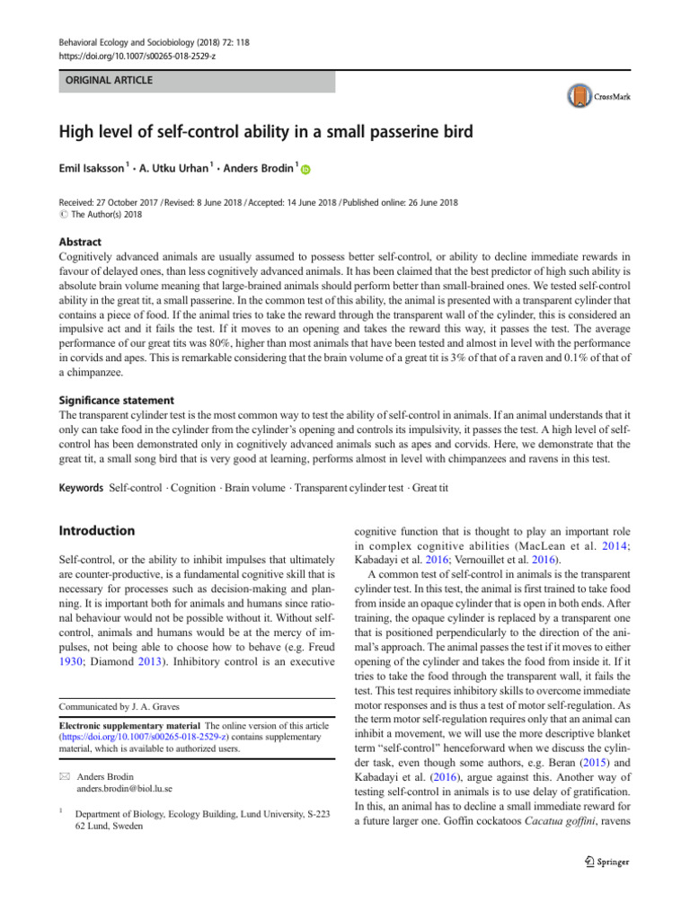 Great Tit's High Self-Control Ability | PDF | Self Control | Self ...