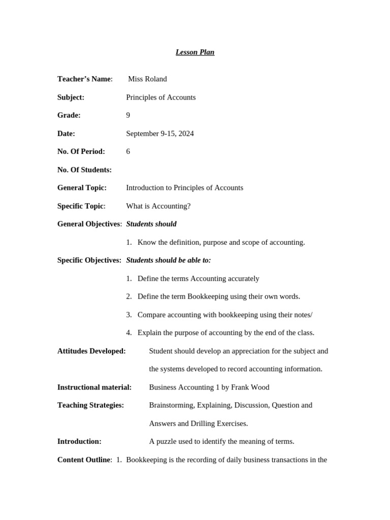 Introduction to Accounting Lesson Plan | PDF