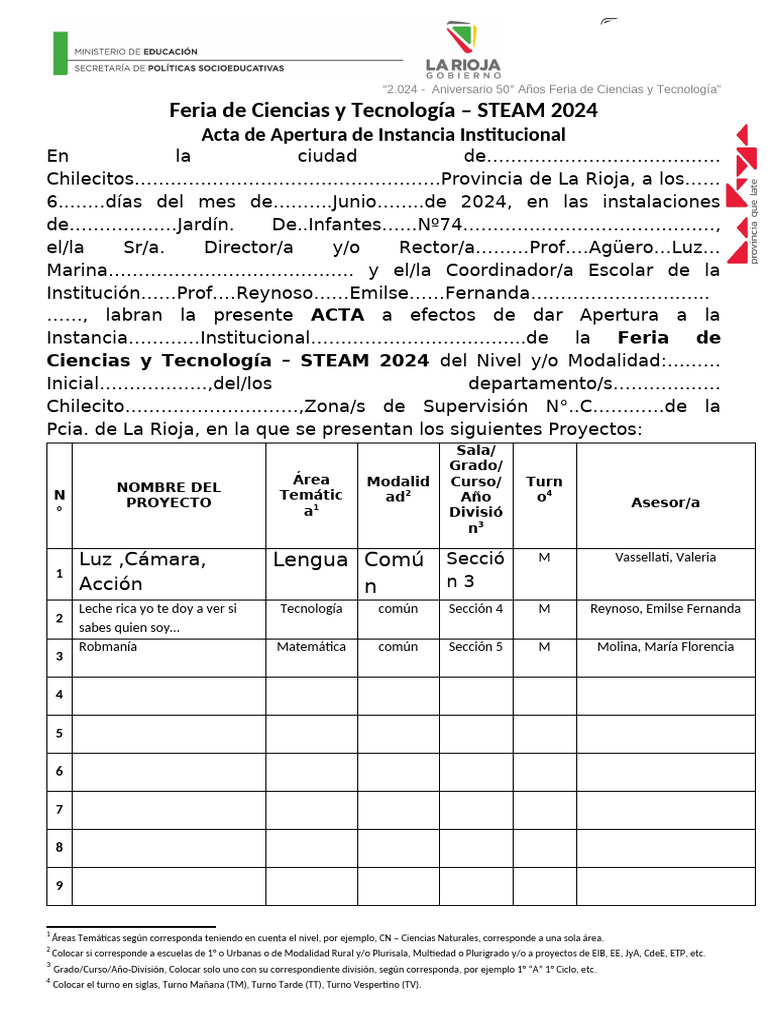 Actas de Apertura y Cierre Instancias Fcyt - Steam 2024 | PDF | Science