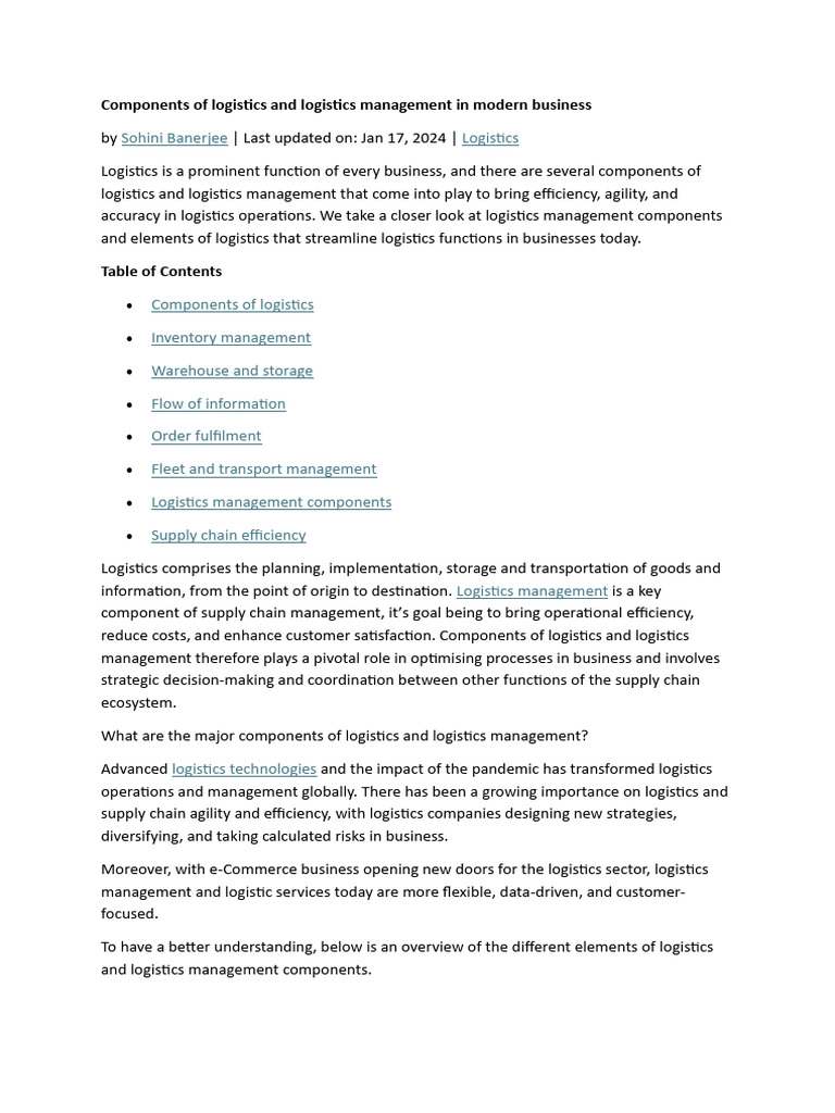 Key Components of Logistics Management | PDF | Logistics | Warehouse
