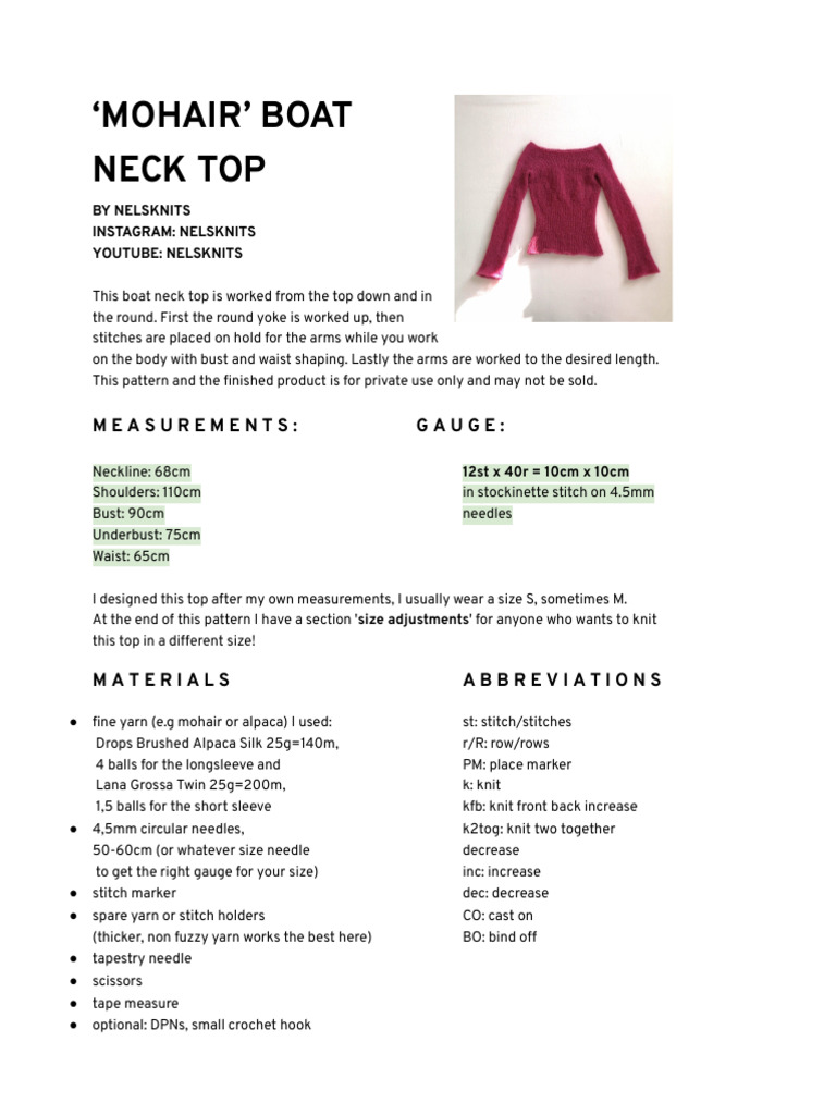Nelsknits Mohair Boat Neck Top Pattern | PDF | Gauge (Knitting) | Knitting
