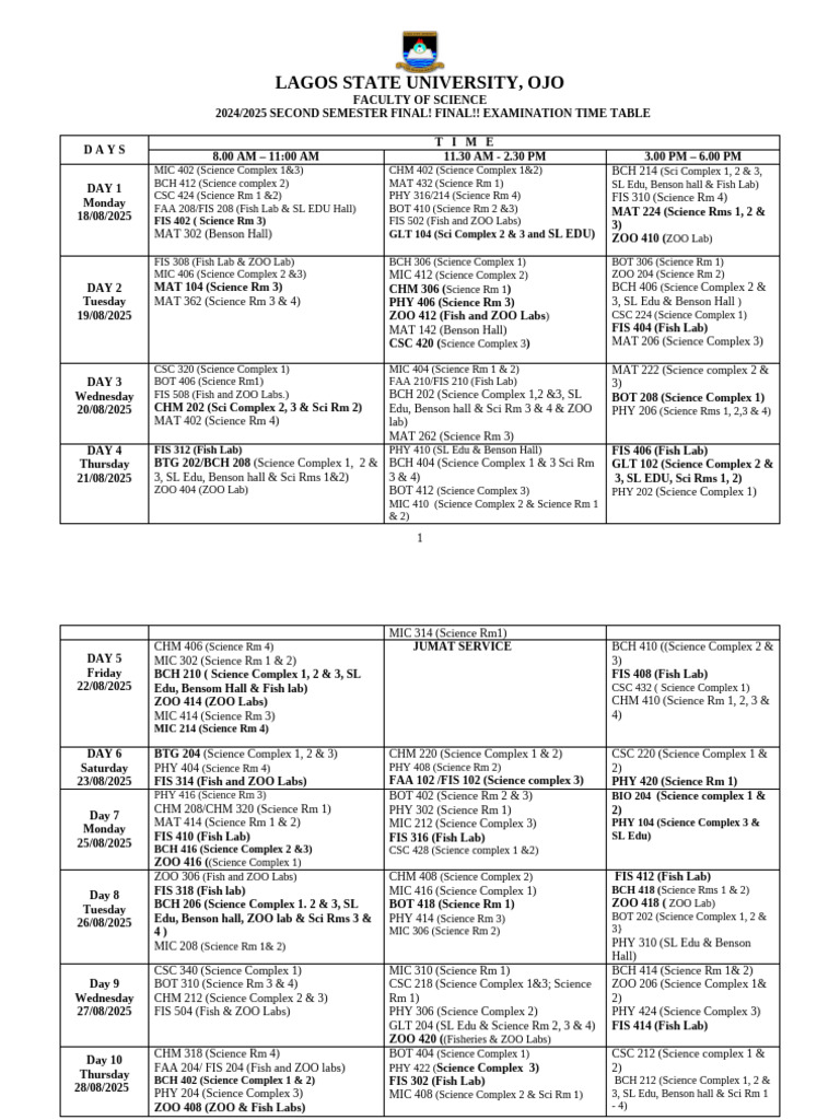 Lagos State University 2024/2025 Exam Timetable | PDF