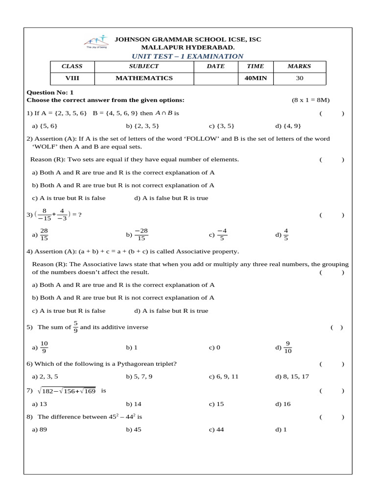 Maths Class 8 UT-1 Question Paper | PDF | Mathematical Concepts | Numbers
