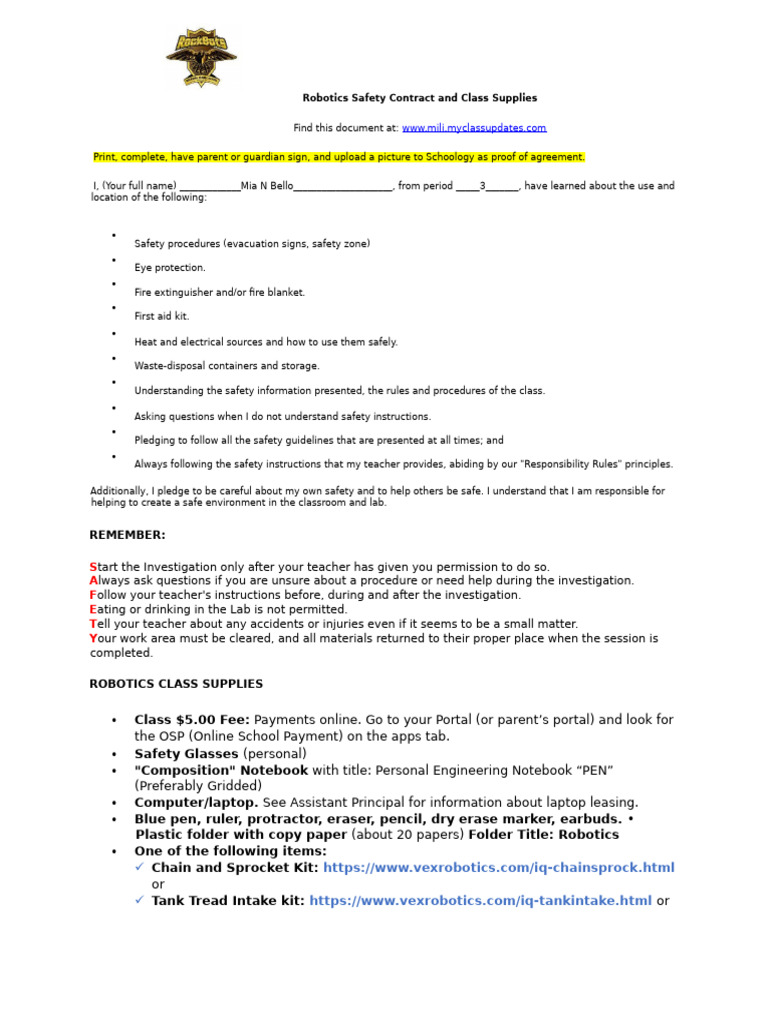 Safety Contract 2024-25 | PDF