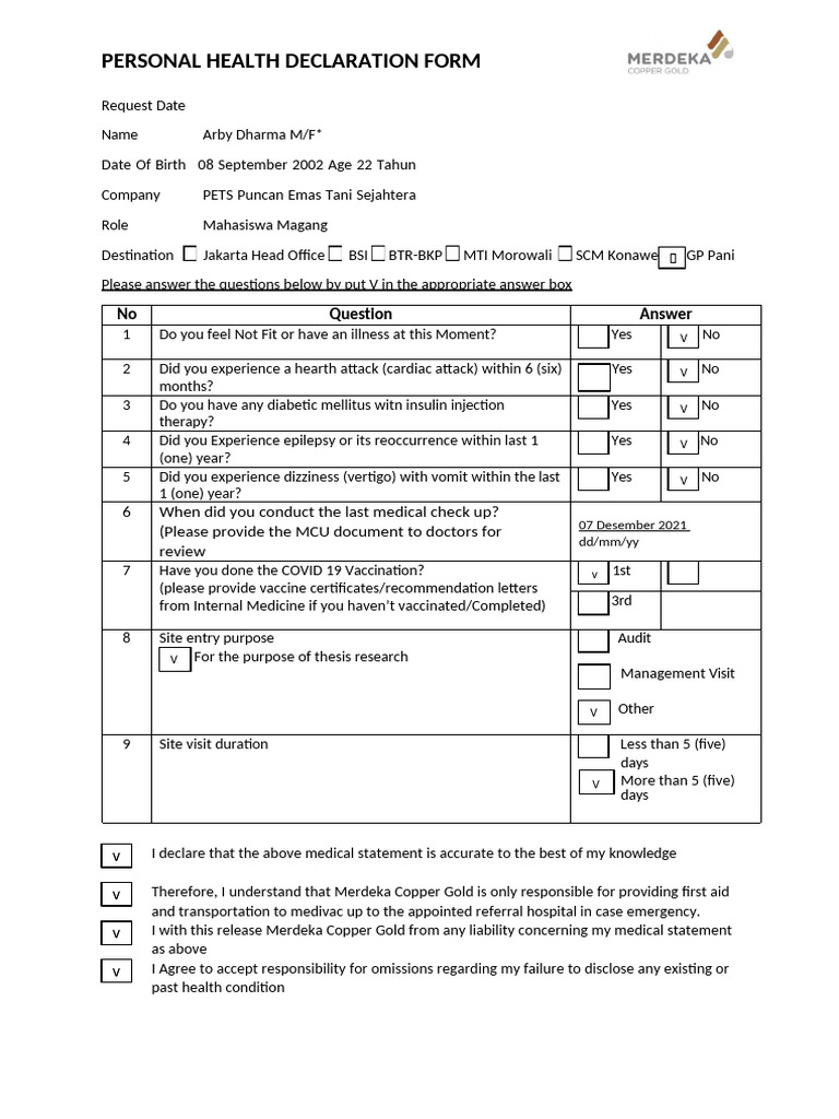 Personal Health Declaration Form | PDF | Health Care | Clinical Medicine