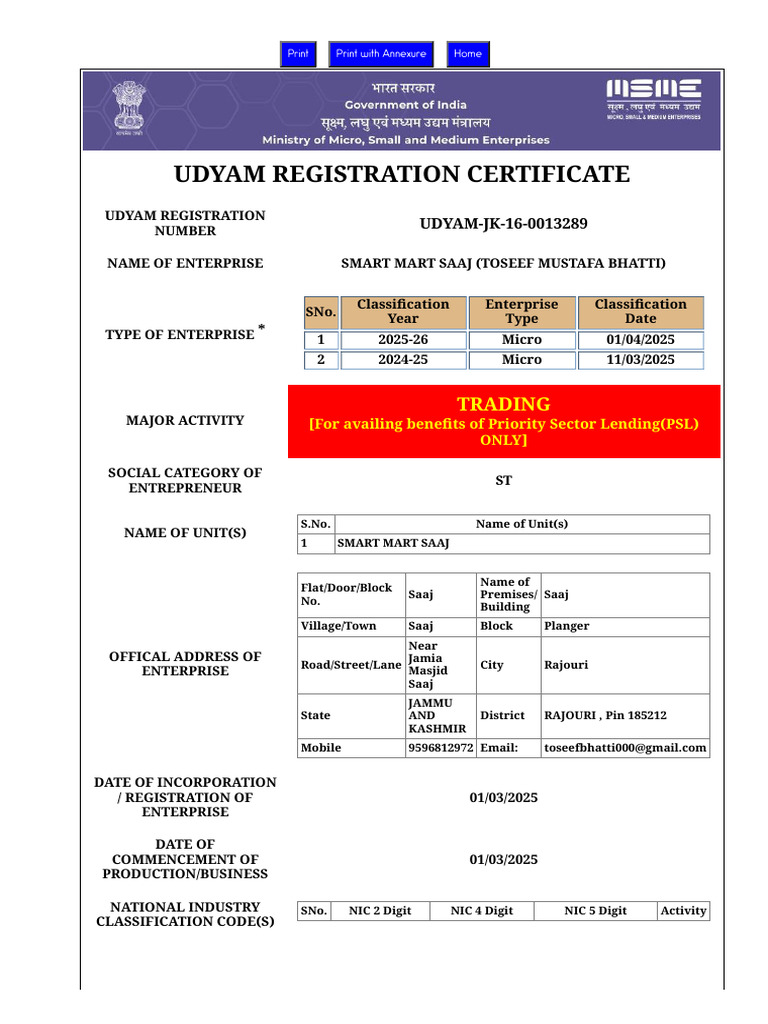Udyam Registration Certificate for Smart Mart | PDF