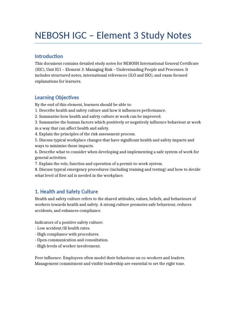 NEBOSH IGC Element 3 Study Notes | PDF | Occupational Safety And Health ...
