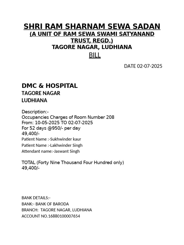 Ram Sharnam Hospital Bill Summary | PDF