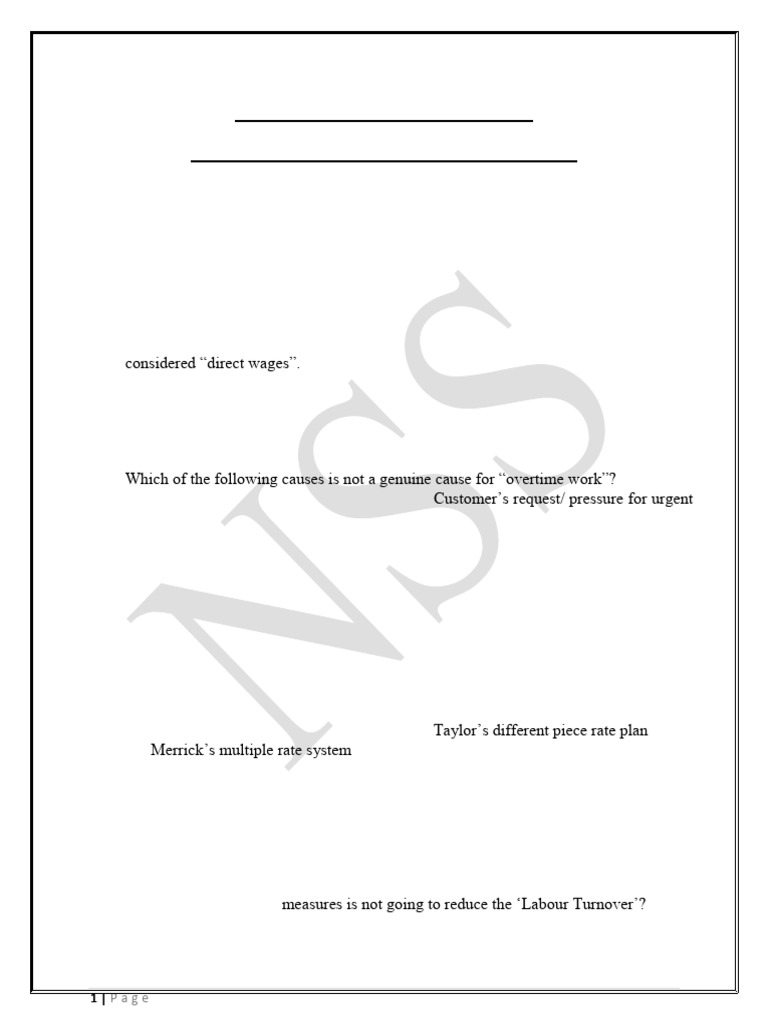 CMA (unit -3) MCQ - Copy | PDF | Piece Work | Wage