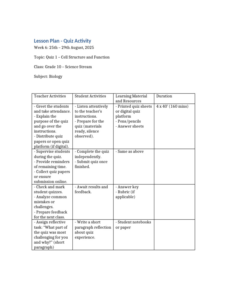 Lesson Plan Quiz Activity | PDF