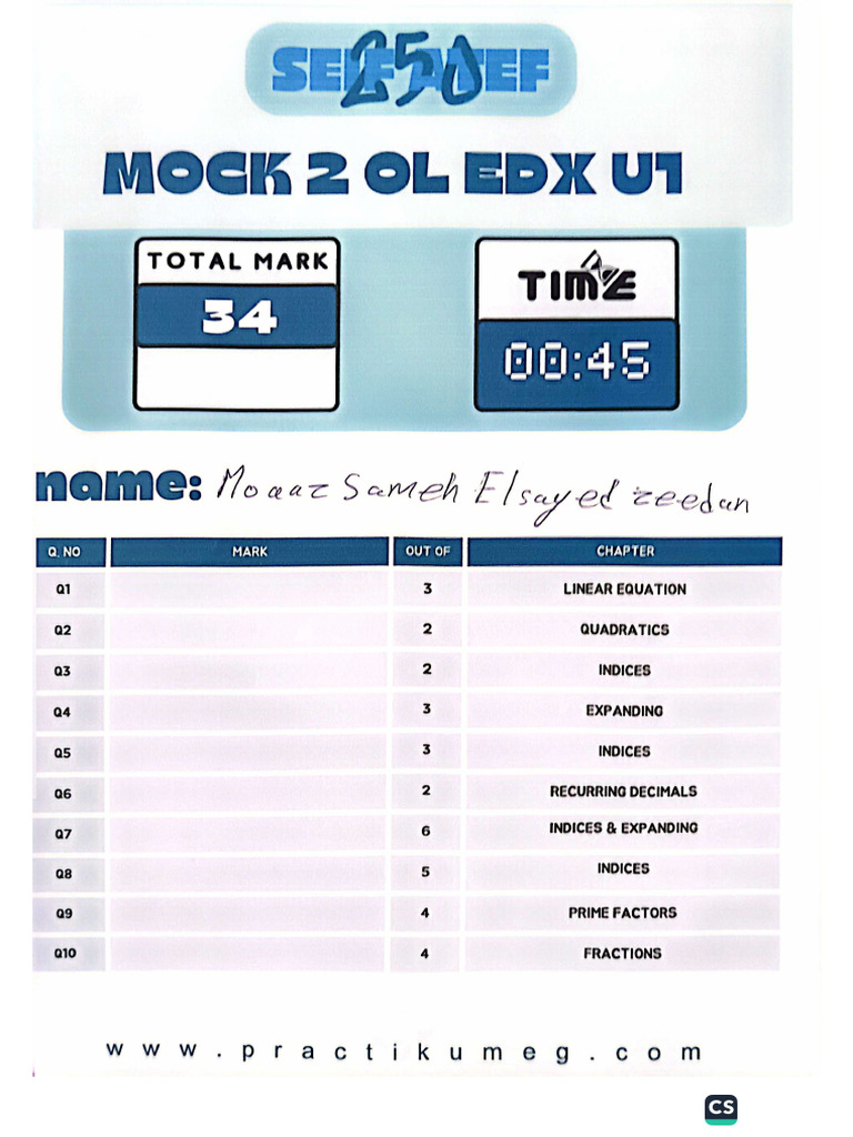 Moaaz Sameh Zeedan Mock 2 Unit 1 | PDF
